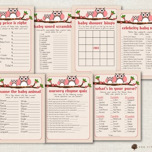 Owl Baby Shower Games Package Pink Baby Shower Games, Pink Owl Shower ...