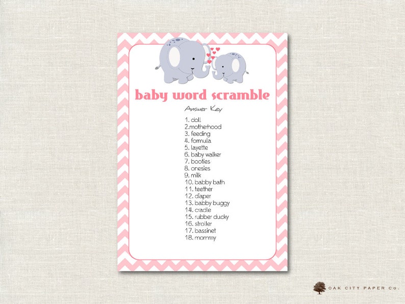 Baby Shower Word Scramble - Elephant Theme, Baby Shower Baby Word ...