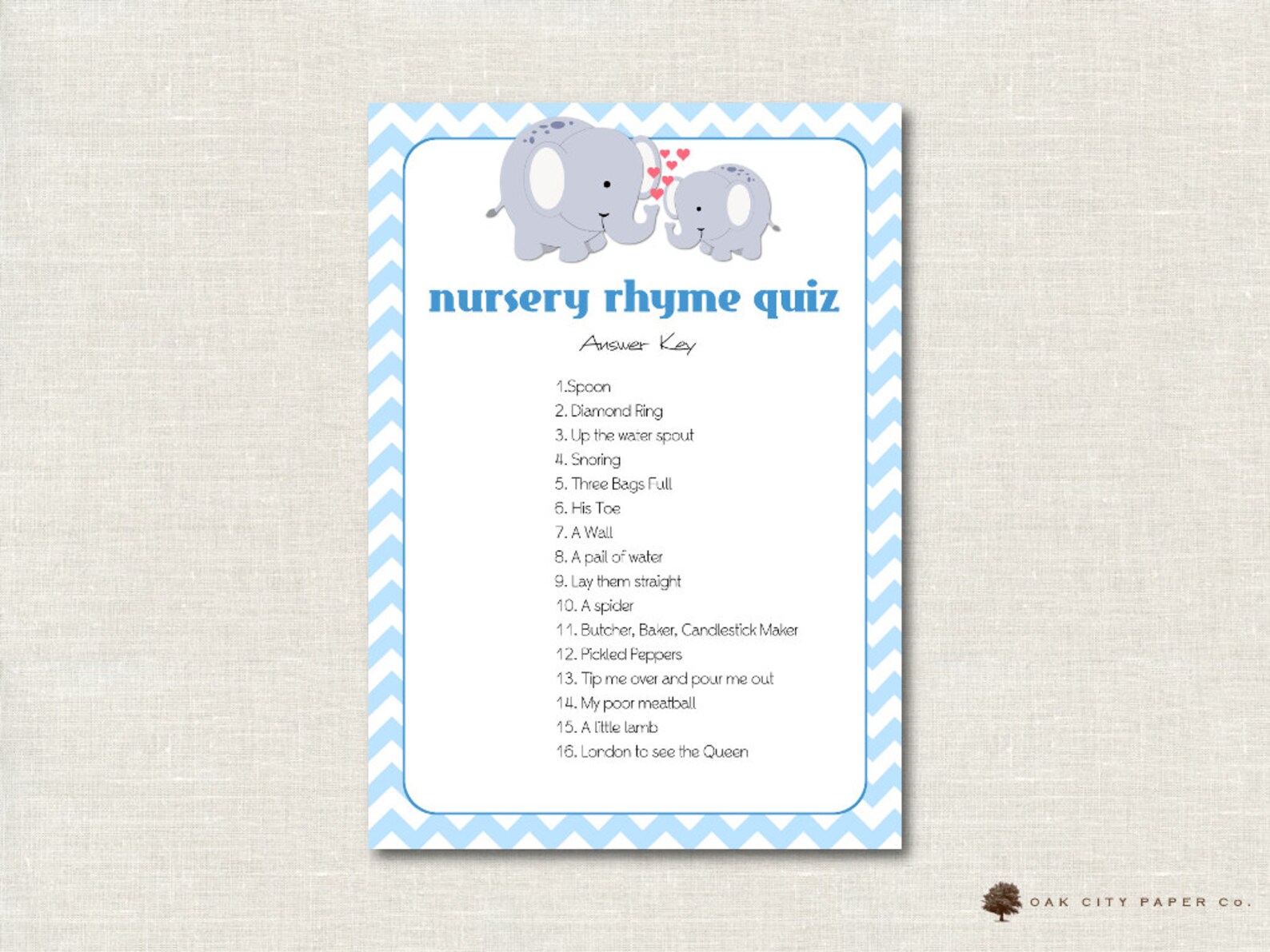 Elephant Nursery Rhyme Quiz Baby Shower Game Blue Elephant - Etsy