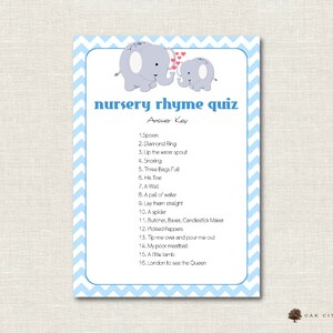 Elephant Nursery Rhyme Quiz Baby Shower Game - Blue Elephant Nursery ...