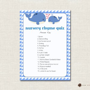 Whale Nursery Rhyme Quiz Baby Shower Game - Whale Nursery Rhyme Baby ...