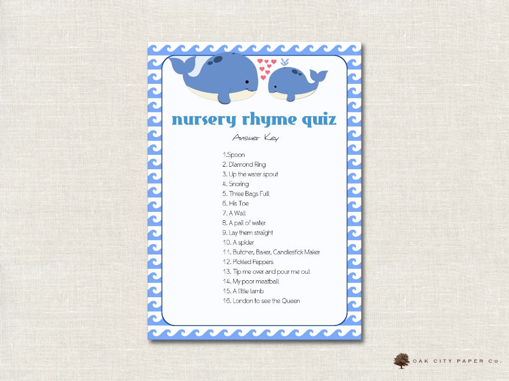 Whale Nursery Rhyme Quiz Baby Shower Game Whale Nursery - Etsy