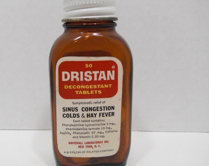 Vintage 1960s Dristan Decongestant Tablets Glass Bottle Nearly Full ...