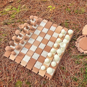 Wood Log Chess Board With Mushroom Chess Set Pieces and Acorn Checkers ...