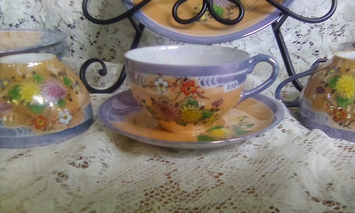 Desert Set for 6 Peach Luster Hand Painted Made in Japan Fine - Etsy