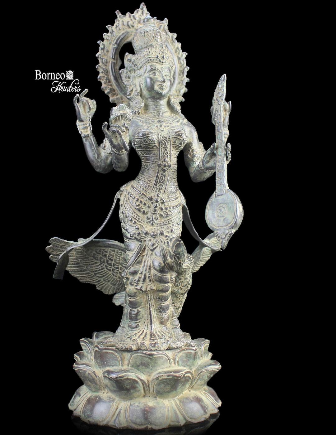 14.25"saraswati Bronze Hindu Saraswati Statue With Four Arms and A Swan ...
