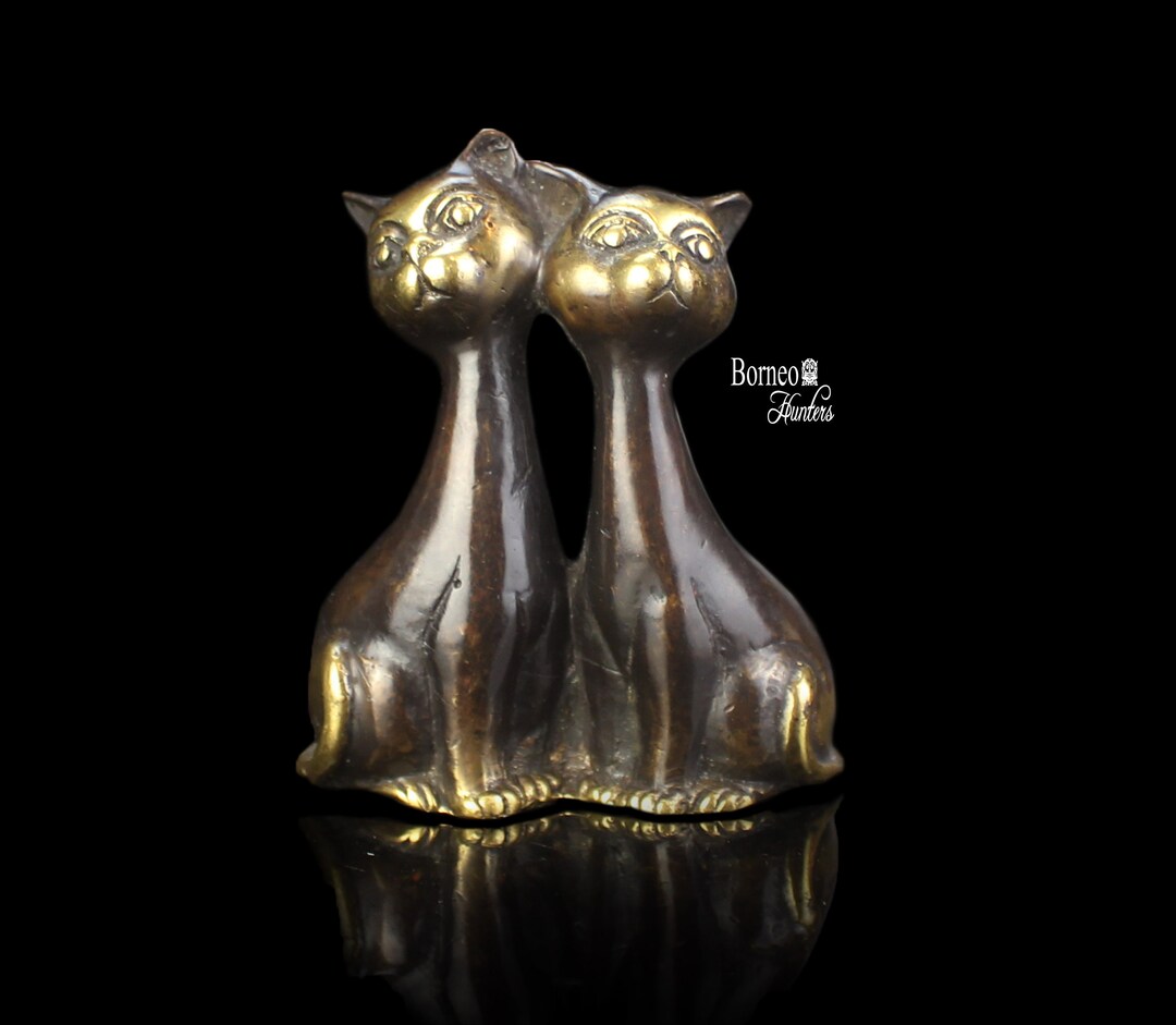 Cat Couple 3.5" Brass Cat Statue Sculpture of Two Cat With Antiqued ...