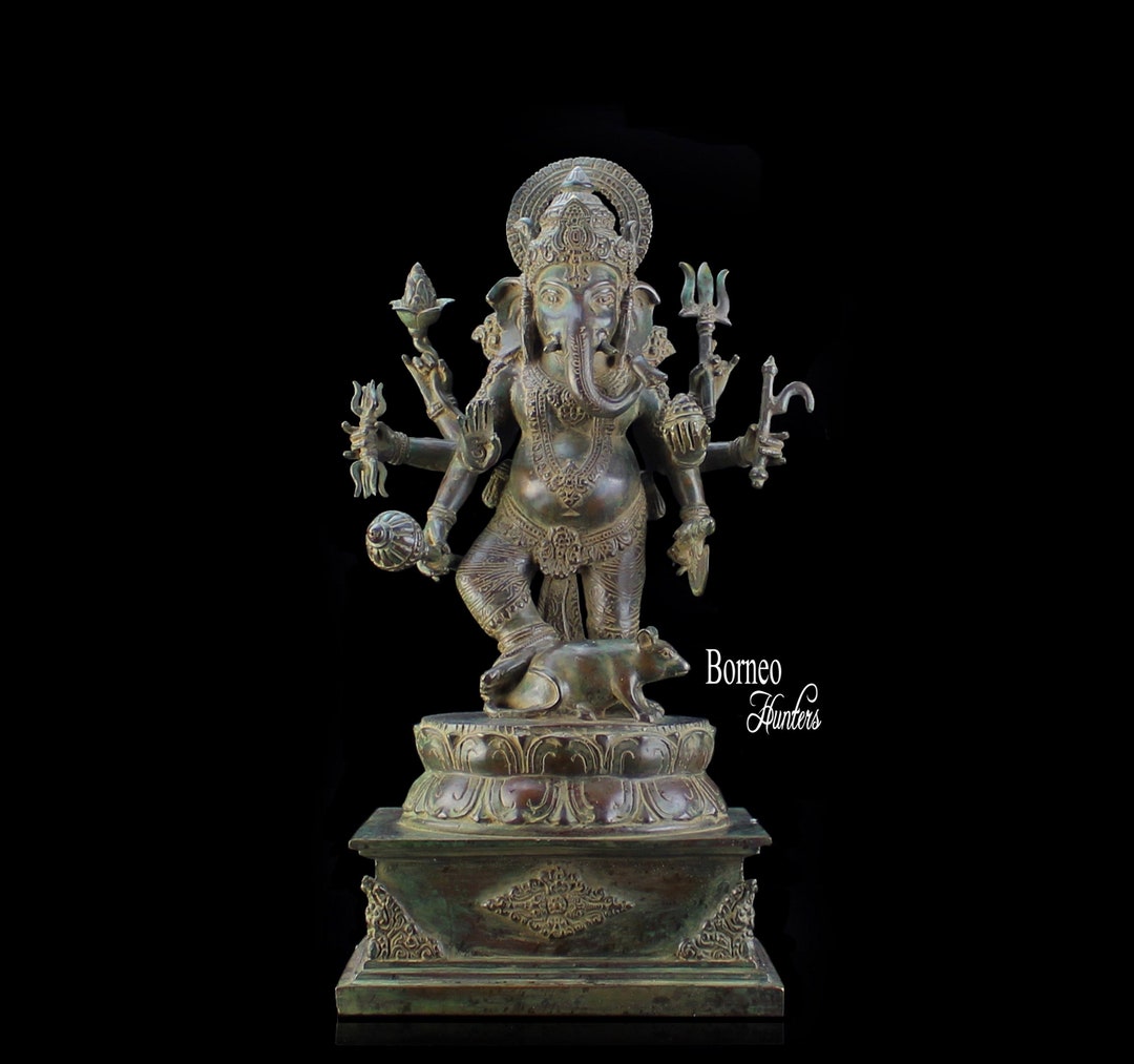 Bronze Quality Ganesha Statue With 8 Arms and Rat 45cm>> Hindu Lord of ...