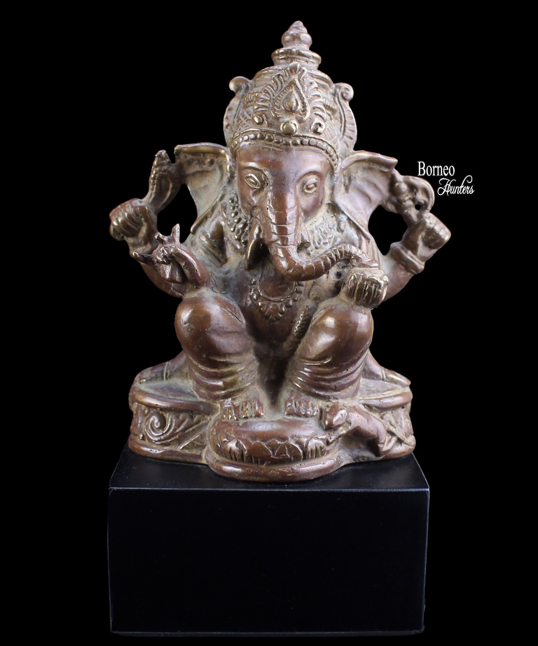 Brass Ganesha With Mooshika 8.75" Four Armed Ganesh Holding Tusk, Noose ...