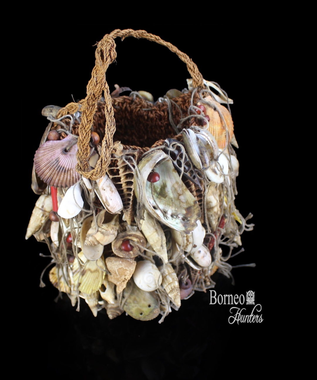 7.25" Bilum Bag From Papua New Guinea, Ceremonial Bag Mixed Shells ...