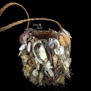 7.25" Bilum Bag From Papua New Guinea, Ceremonial Bag Mixed Shells ...