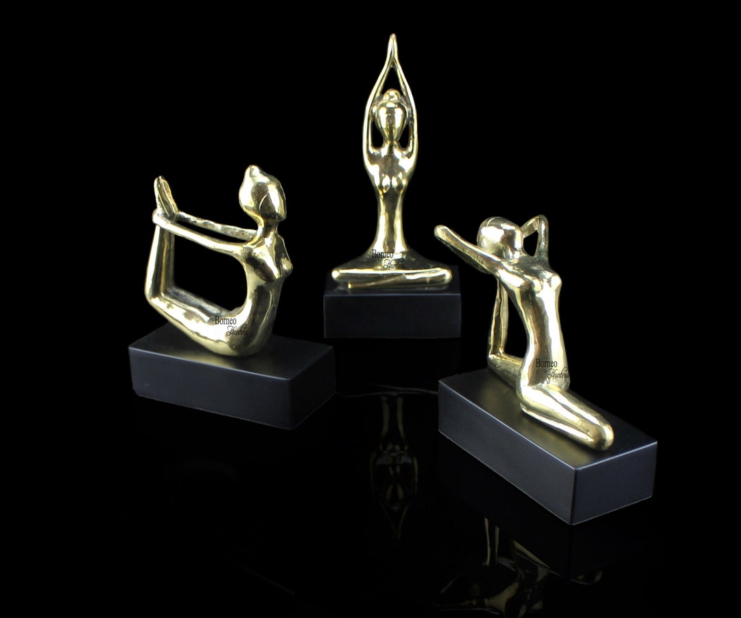 Brass Yoga Sculptures on Wood Base, Three Abstract Graceful Yoga Pose ...