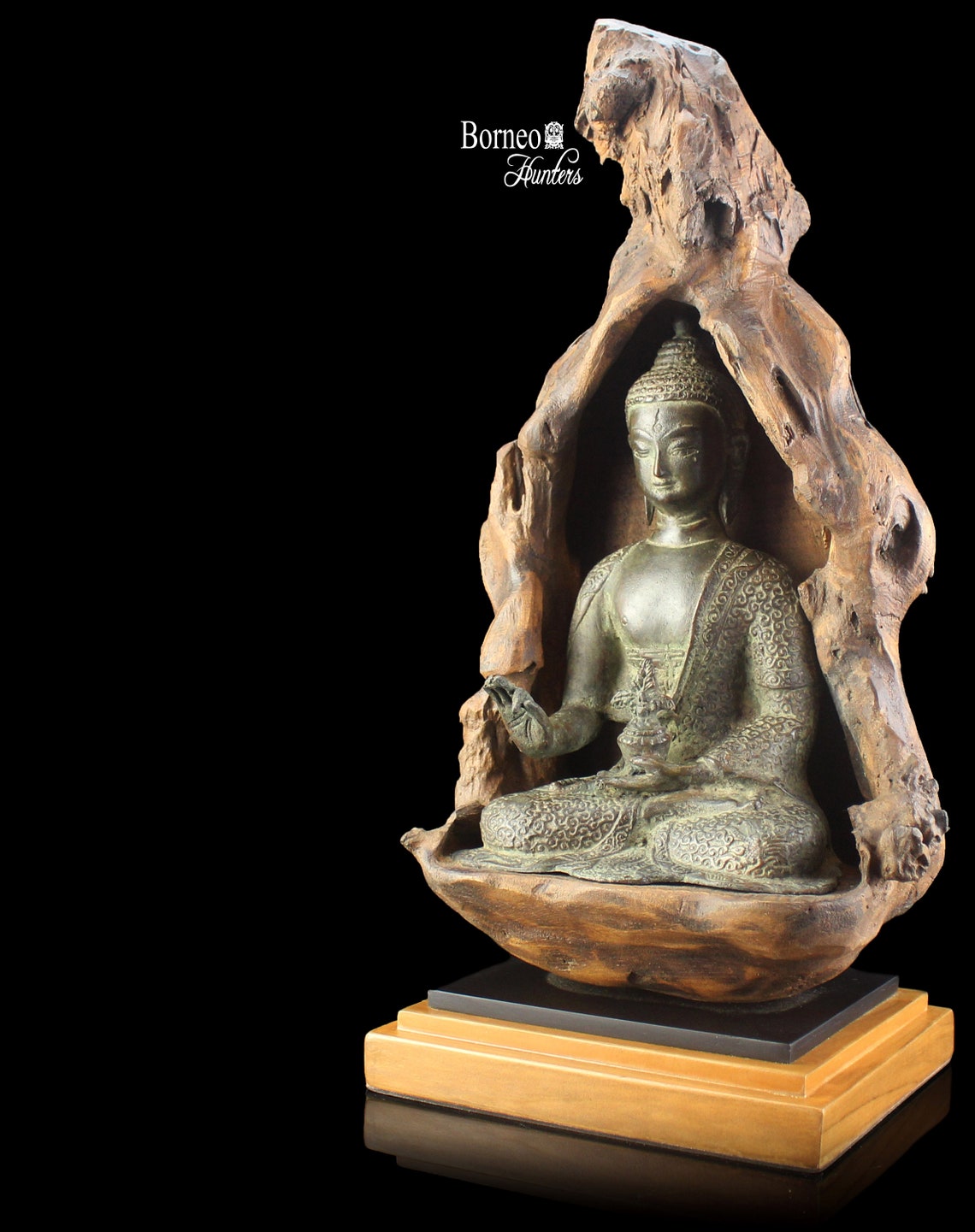 Bronze Healing Buddha in Natural Wood 49CM Medicine Buddha With Alms ...