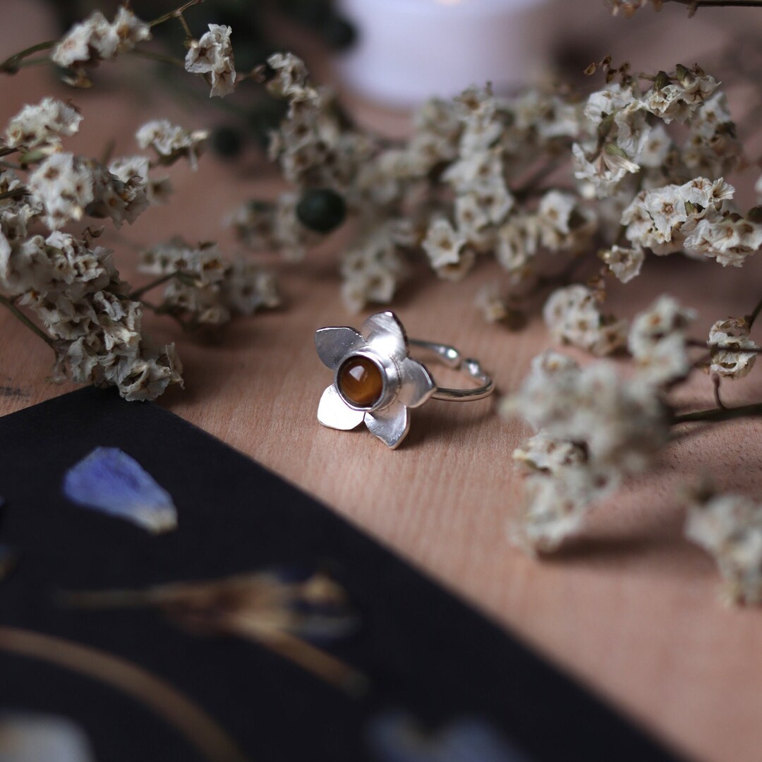 Sakura Ring With Tiger Eye Stone, Floral Ring, 925 Sterling Silver Ring ...