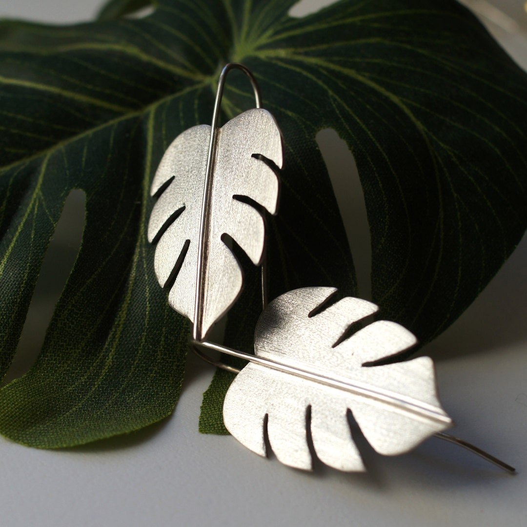 Silver Monstera Leaf Earring for Women, Sterling Silver Tropical Leaf ...