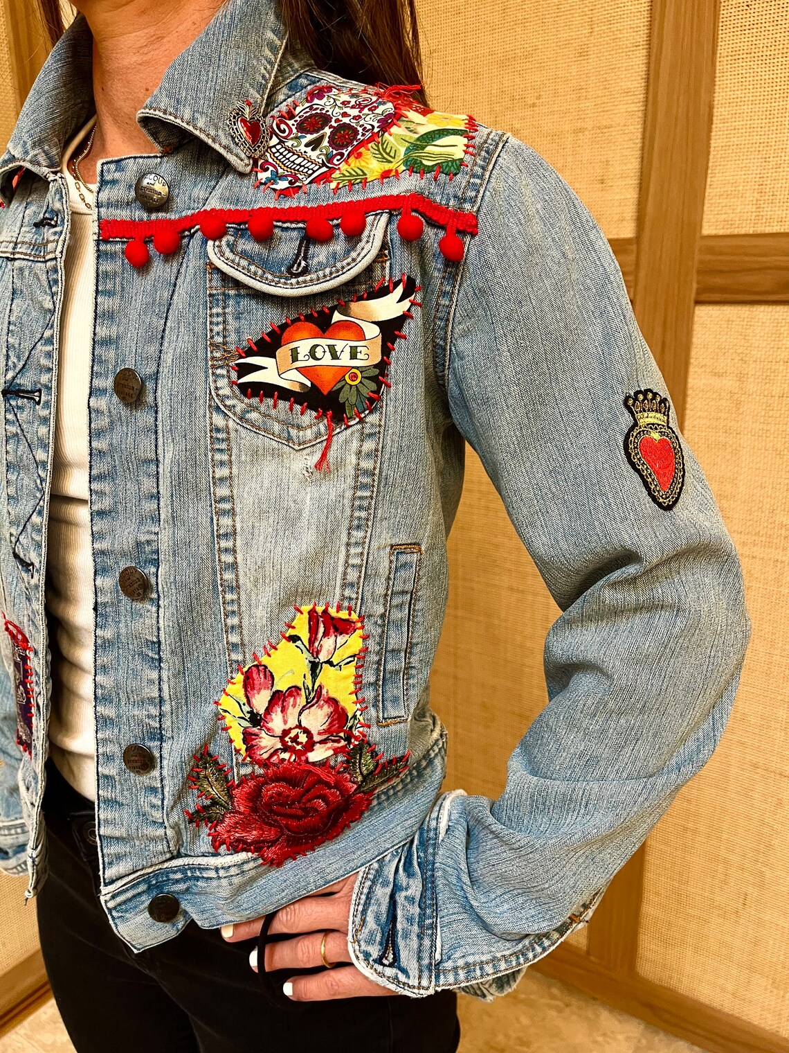 Jean Denim Jacket Embroidered, Appliquéd, Mexican, Love, Day of the ...