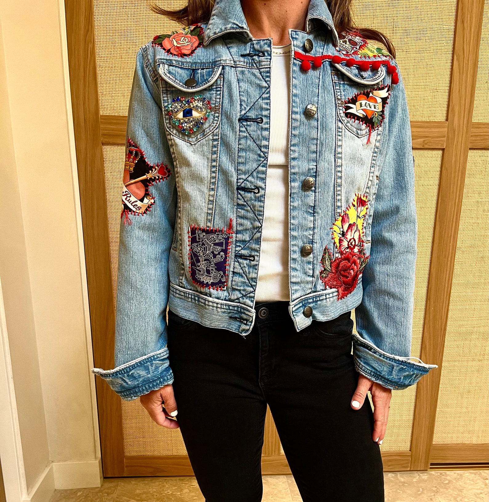 Jean Denim Jacket Embroidered, Appliquéd, Mexican, Love, Day of the ...