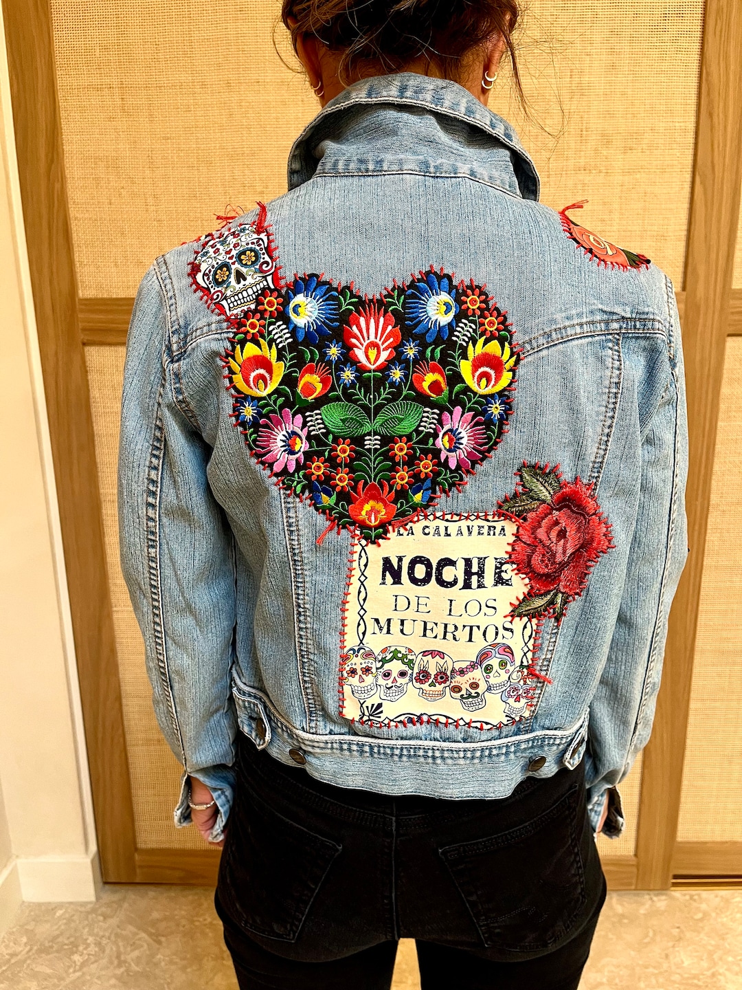 Jean Denim Jacket Embroidered, Appliquéd, Mexican, Love, Day of the ...