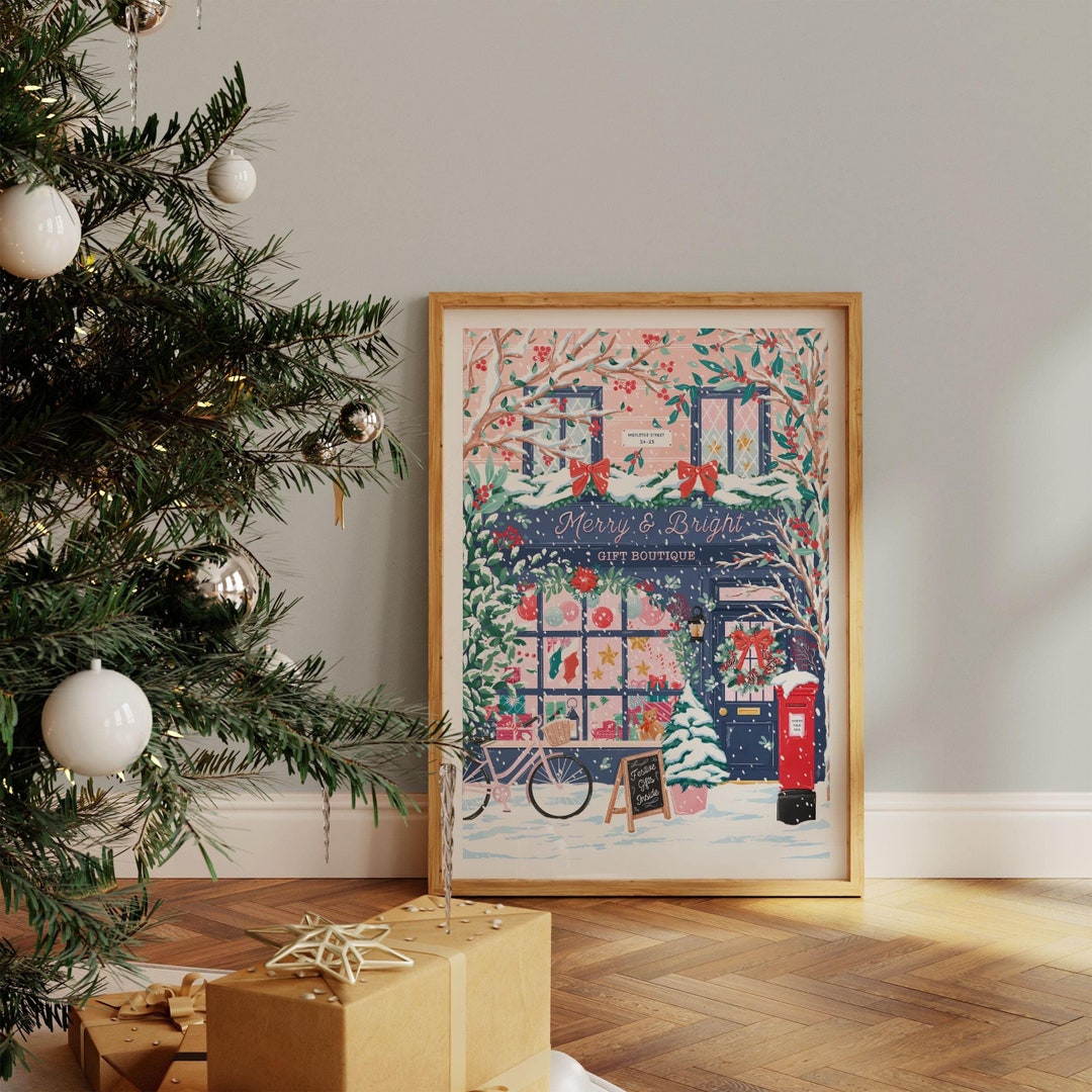 Merry & Bright, Winter Boutique, Christmas Print, Festive Shopfront ...