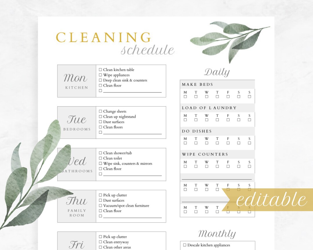Cleaning Schedule Editable + Printable - Etsy
