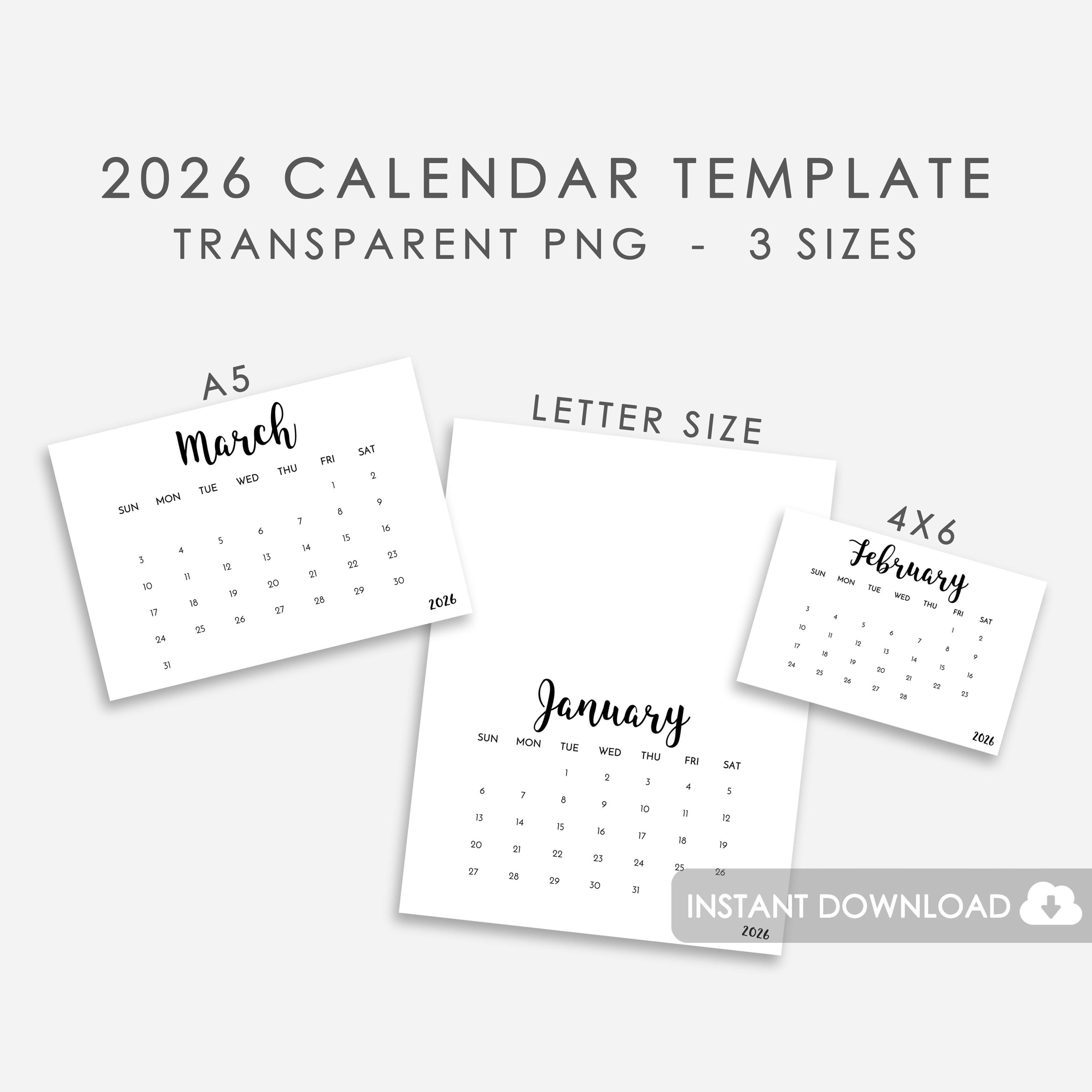 2026 Calendar Template | A5 + 4x6 + Letter Size - Etsy