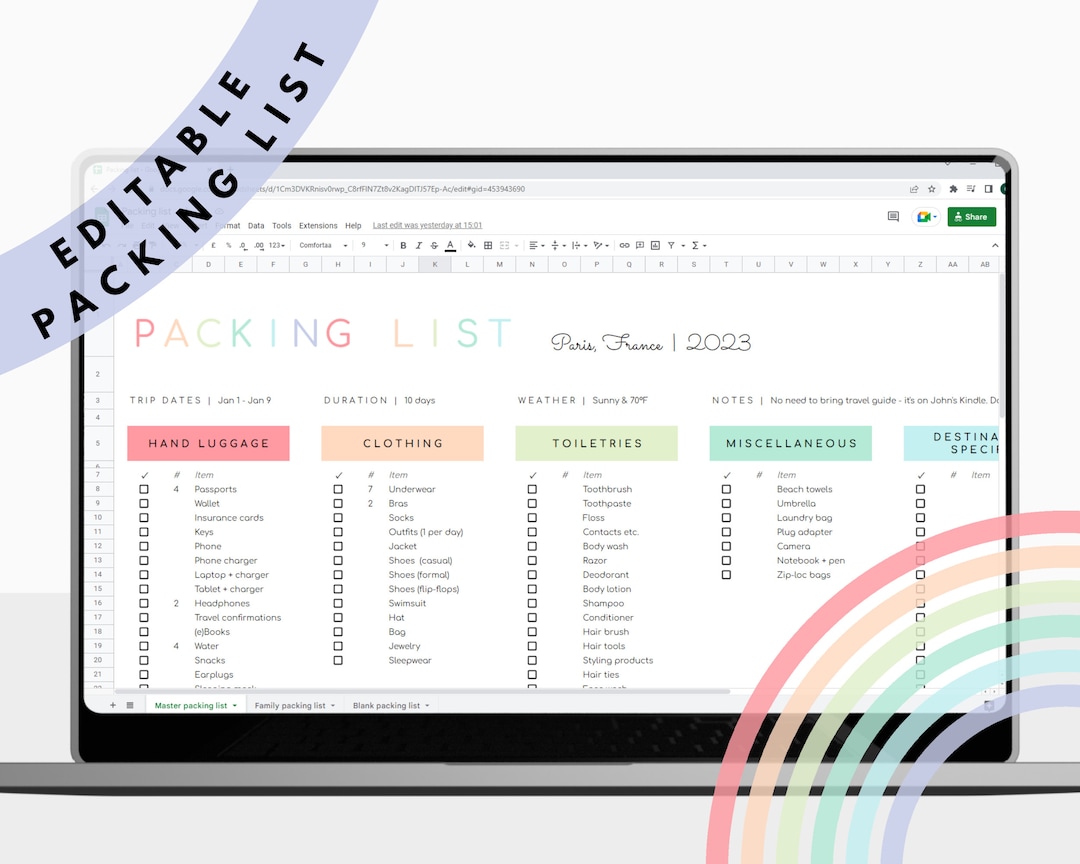 Packing List Template | Google Sheets - Etsy