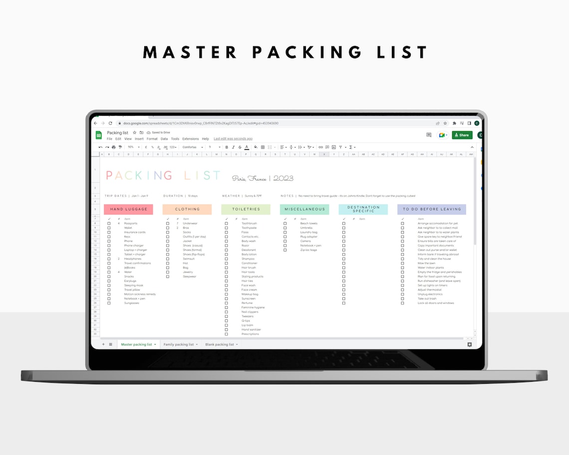 Packing List Template for Google Sheets - Etsy