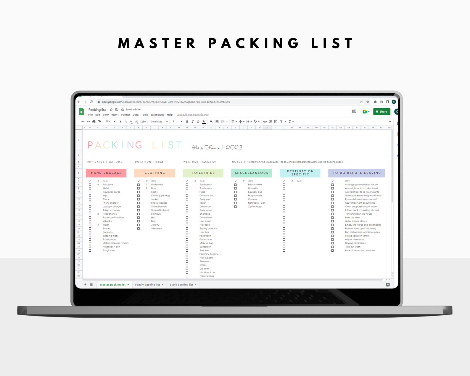 Packing List Template for Google Sheets - Etsy