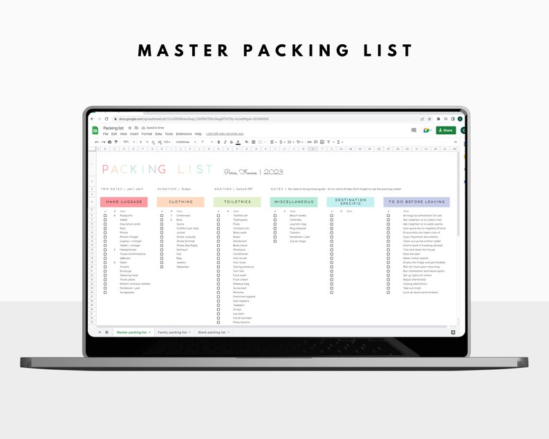 Packing List Template Google Sheets Etsy UK