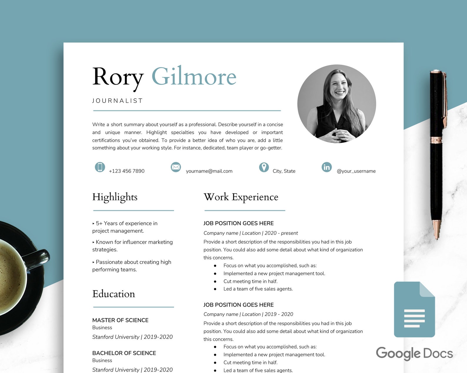 Resume Template for Google Docs With Photo | Etsy