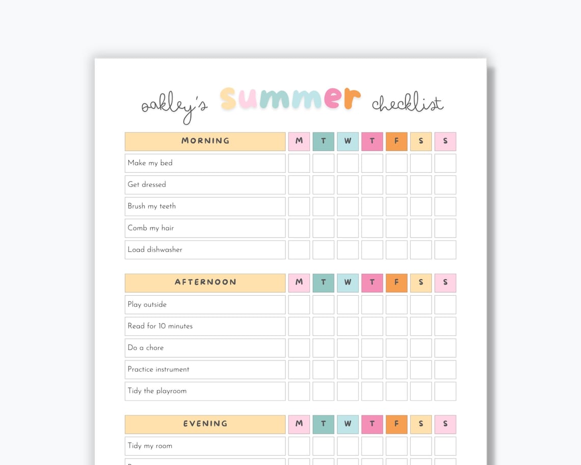 Summer Daily Checklist for Kids, Printable and Editable Canva Template ...