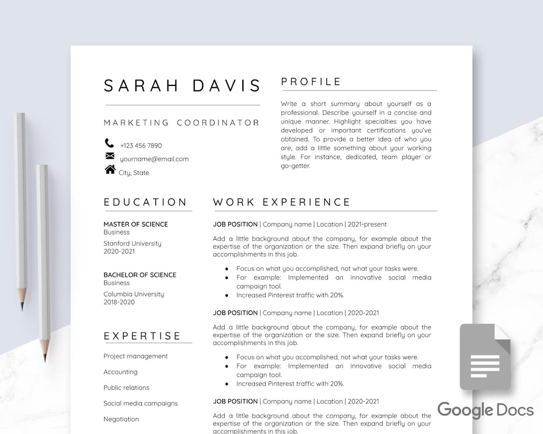 Professional Resume Template for Google Docs - Etsy