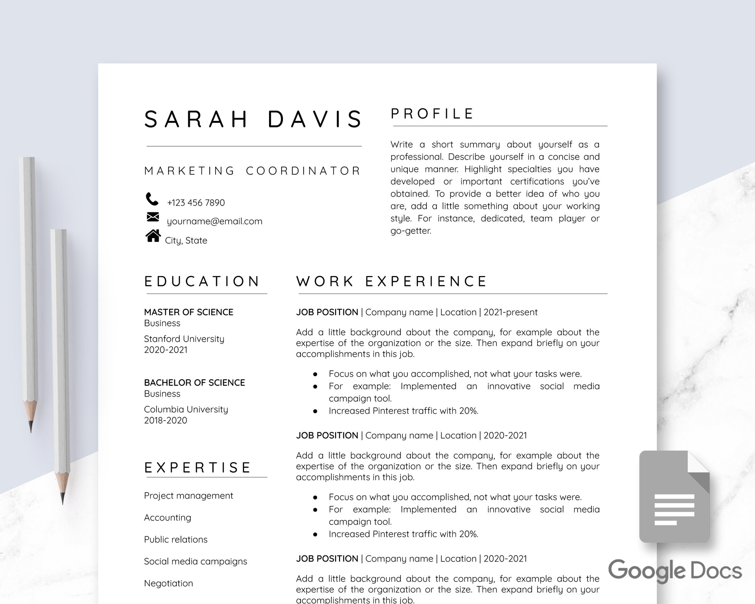 Professional Resume Template for Google Docs | Etsy