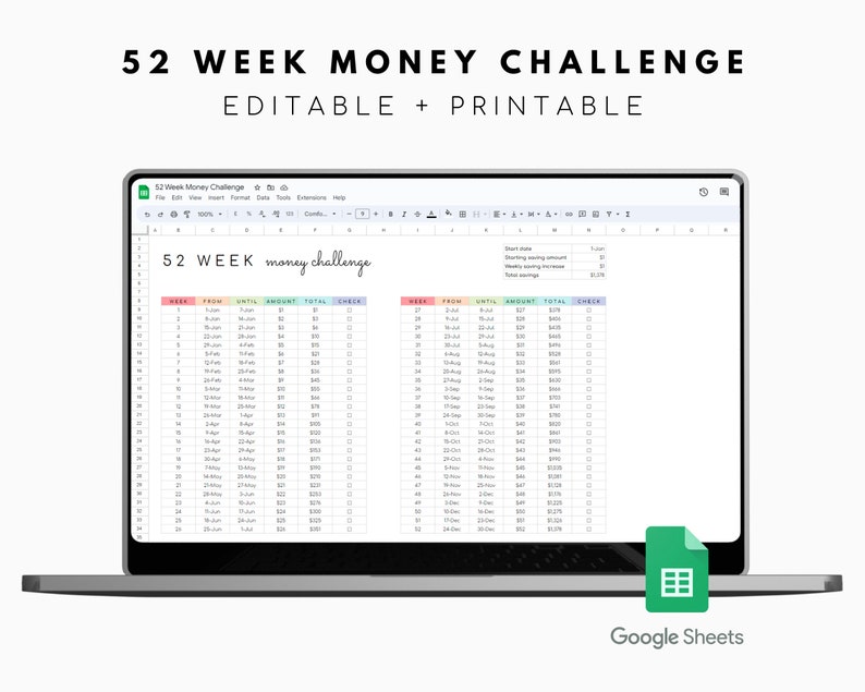 52 Week Money Challenge Spreadsheet - Etsy 52 Week Money Challenge Spreadsheet - Etsy