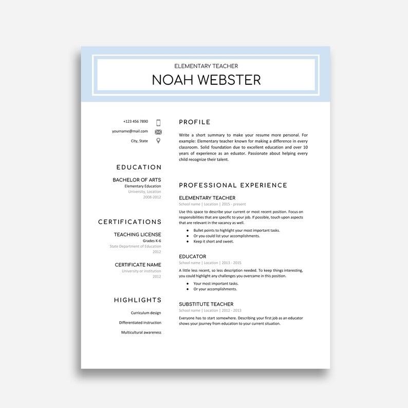 Resume Template Teacher Google Docs Cover Letter Teacher - Etsy