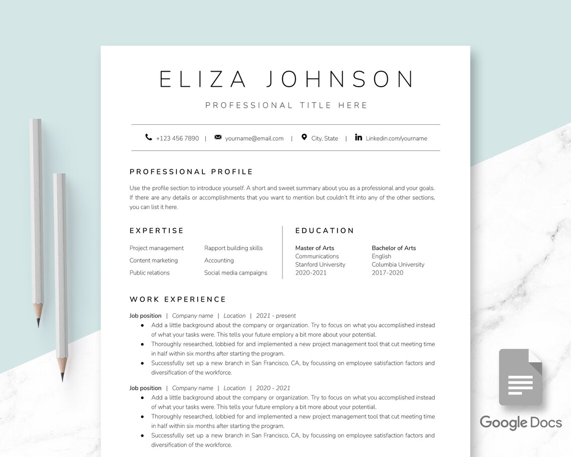 Minimalist Resume Template for Google Docs - Etsy
