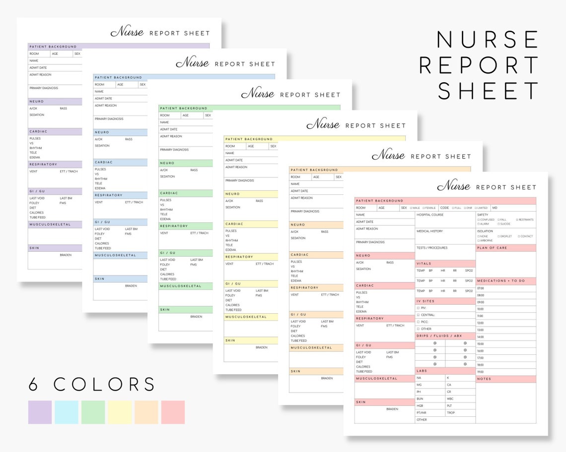 Nursing Report Sheet 6 Color Options - Etsy
