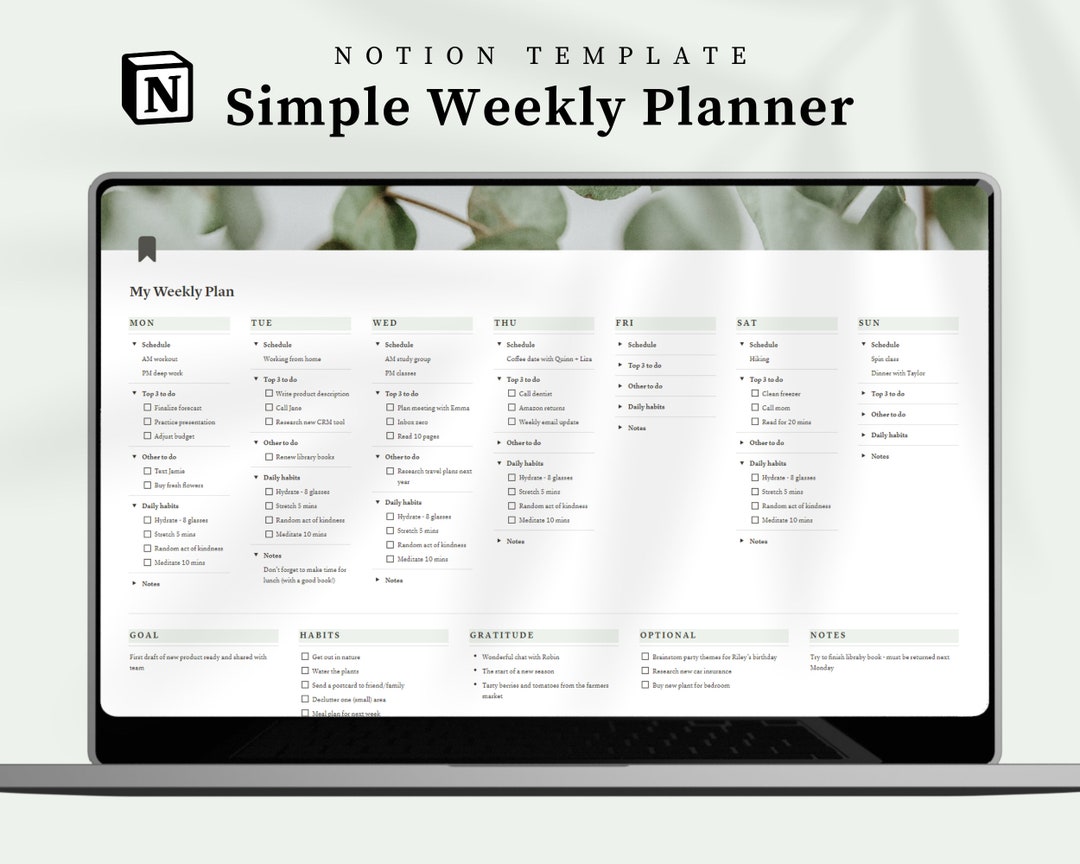 Notion Template Weekly Planner, Green Eucalyptus Aesthetic - Etsy