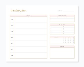 Weekly Schedule Planning Template, Pretty Elegant Pink, Instant ...