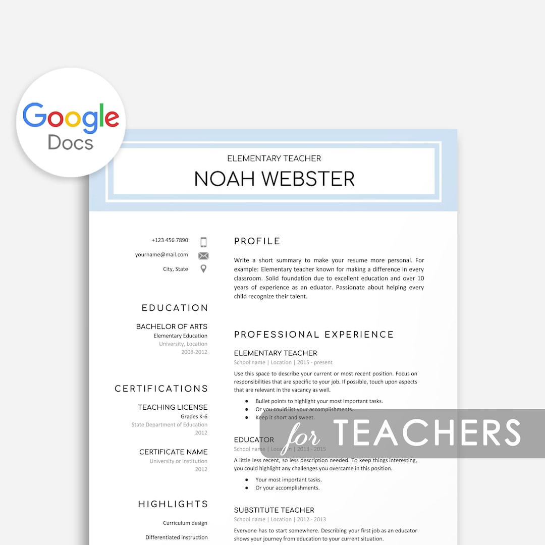 Resume Template Teacher Google Docs, Cover Letter Teacher Google Docs ...