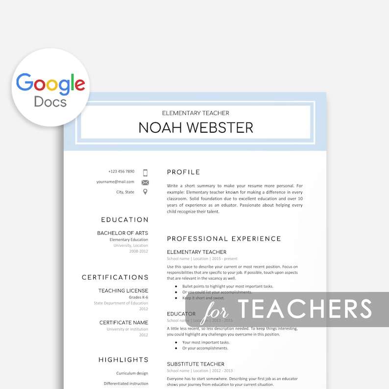 Resume Template Teacher Google Docs Cover Letter Teacher - Etsy