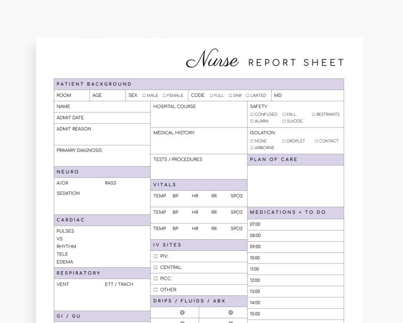 Nursing Report Sheet 6 Color Options - Etsy