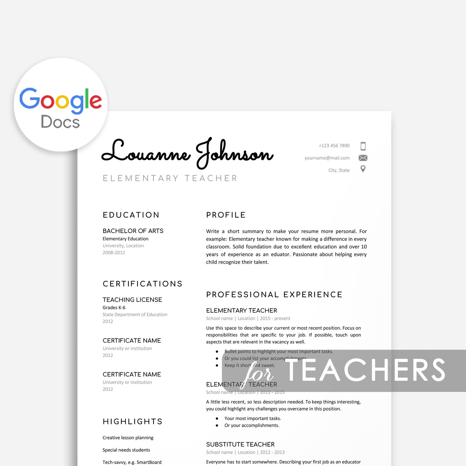 Resume Teacher Google Docs Resume Template Teacher Cover - Etsy