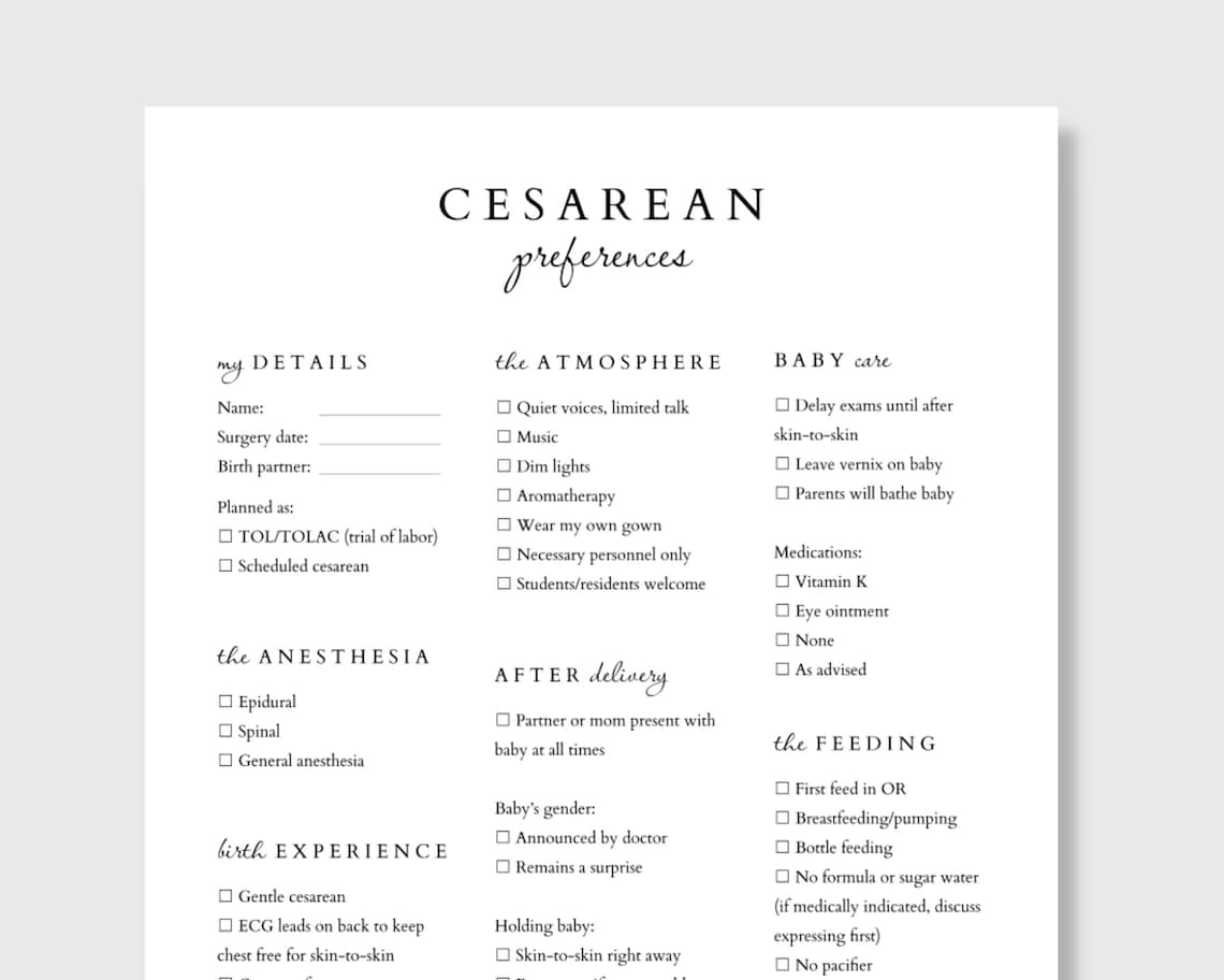 Cesarean Birth Plan C-section Template, Editable Birth Plan Cesarean ...