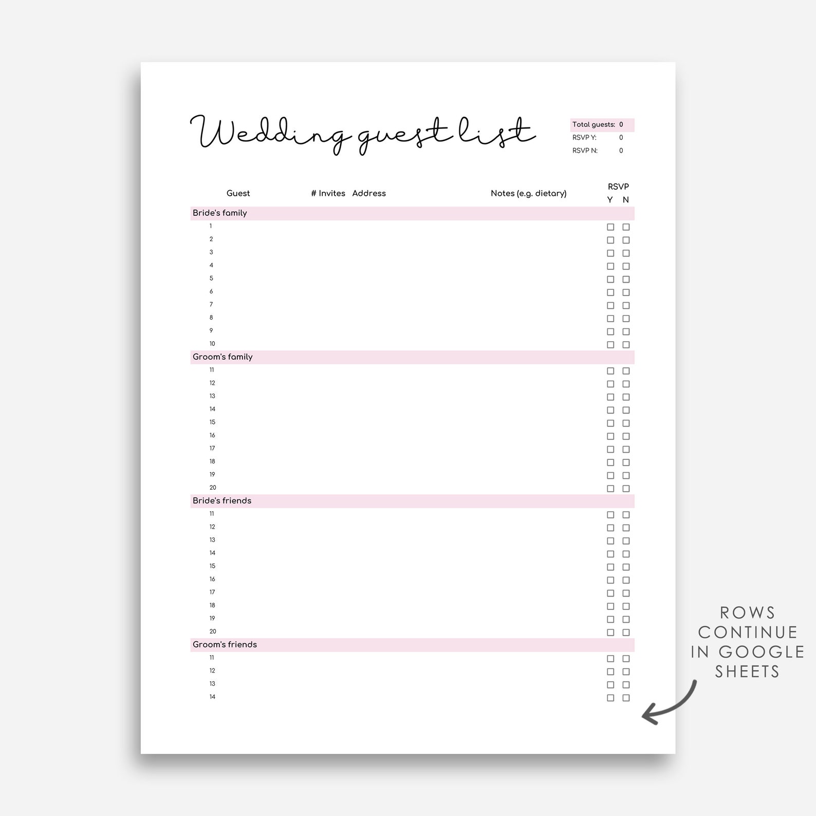 Editable Wedding Guest List Template - Etsy