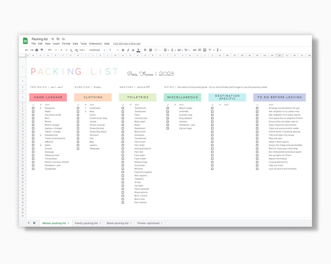Packing List Template For Google Sheets Etsy