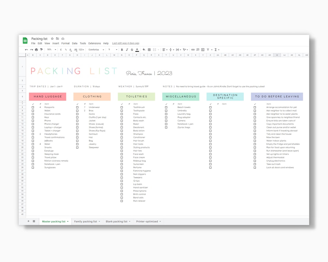 Packing List Template for Google Sheets - Etsy