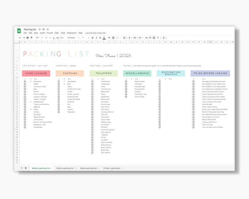 Packing List Template for Google Sheets - Etsy