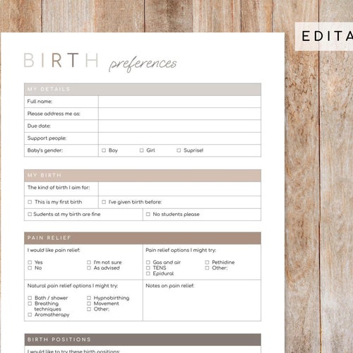 Birth Preferences Checklist Printable Editable Doula - Etsy