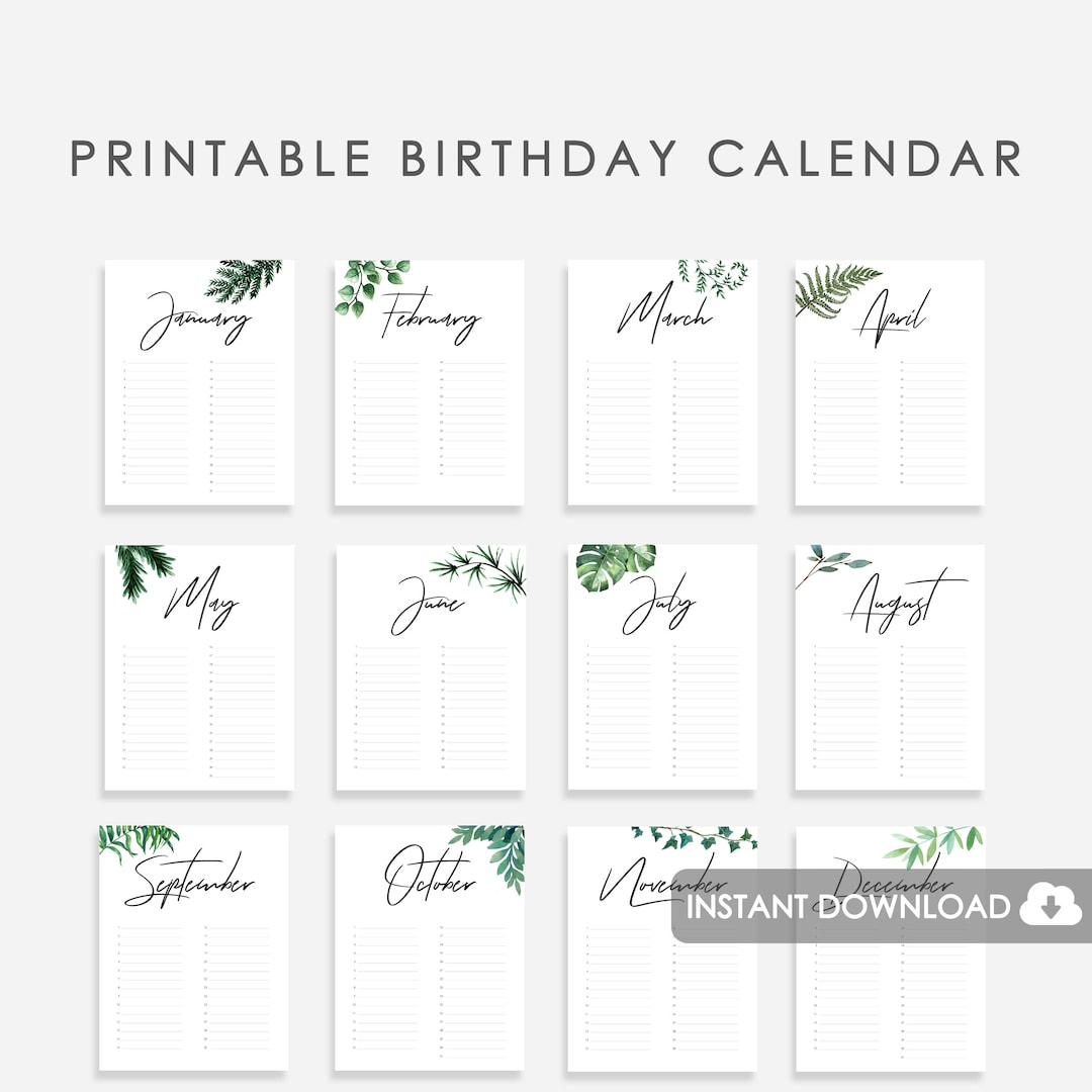Perpetual Birthday Calendar Printable, Wedding Guest Book Printable ...
